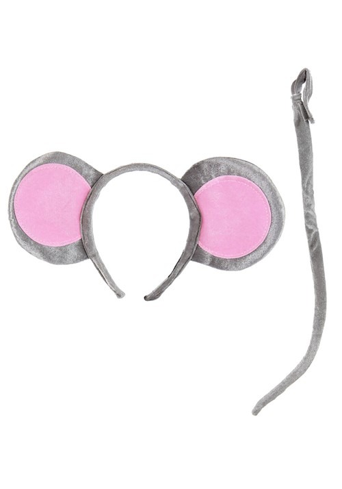 Mouse Ears Headband & Tail Costume Kit - Gray Velour Animal Accessory ...